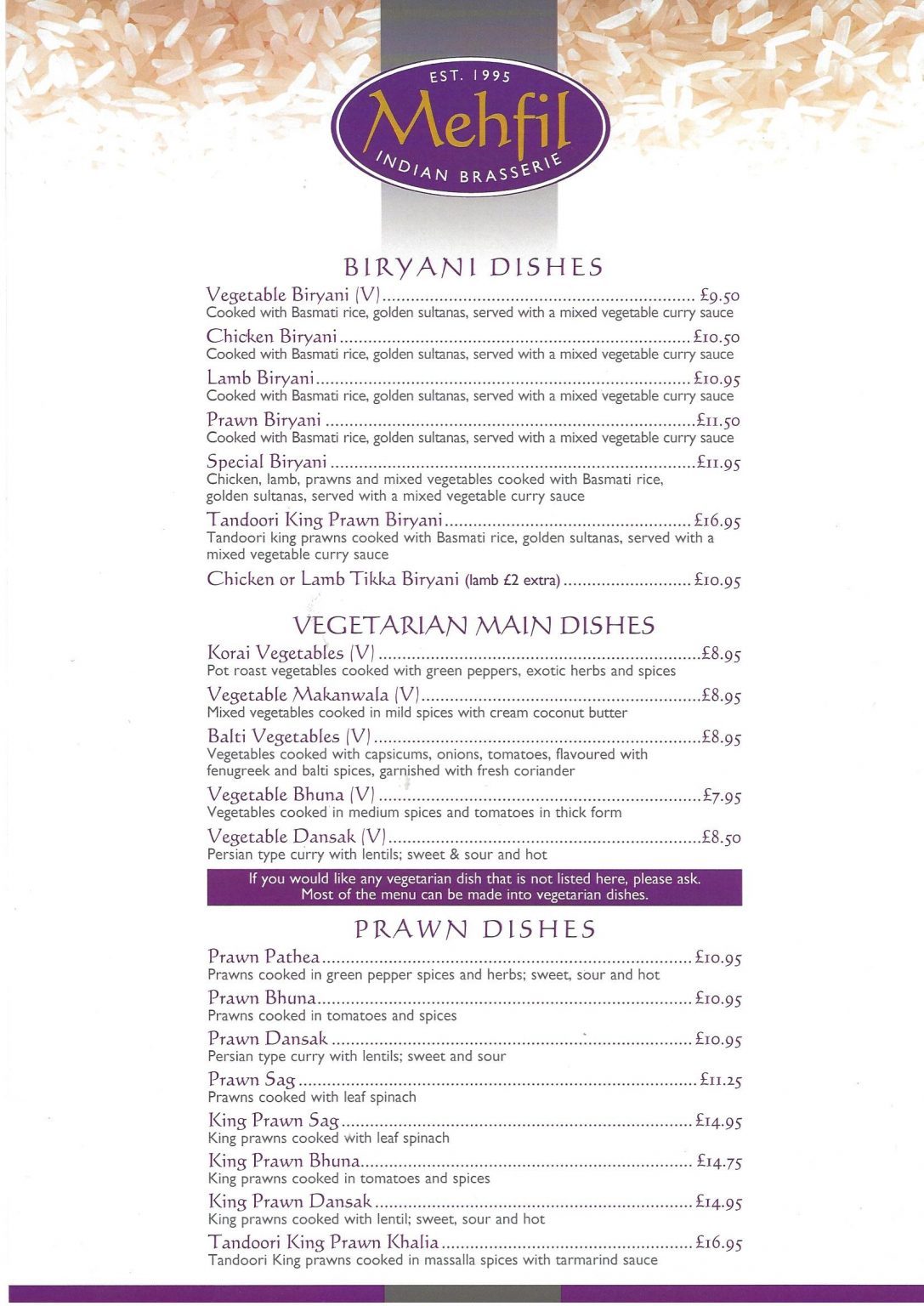 Brasserie Menu - Mehfil Indian Brasserie and Takeaway - Sprotbrough ...
